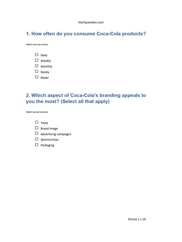 Questionnaire Unveiling Coca Colas Brand Positioning Strategy For ...