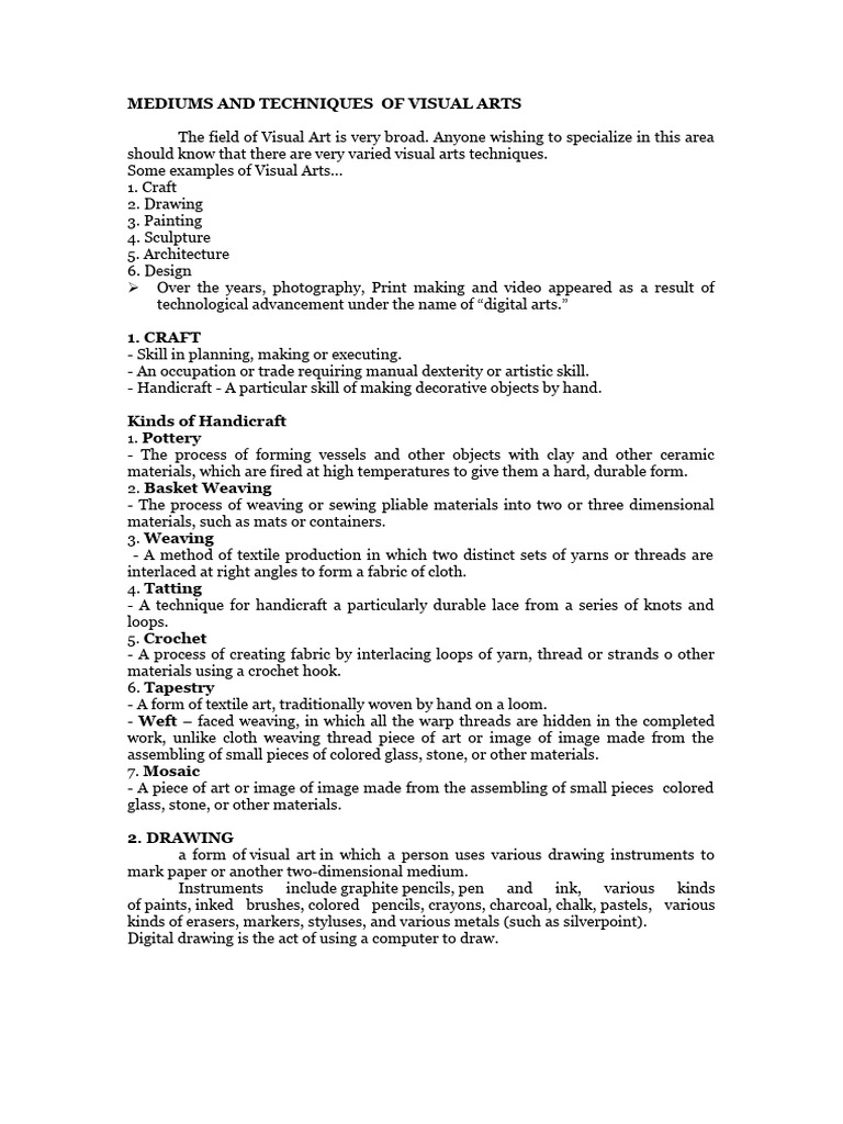 Visual Arts Techniques and Mediums Guide | PDF | Weaving | Textiles