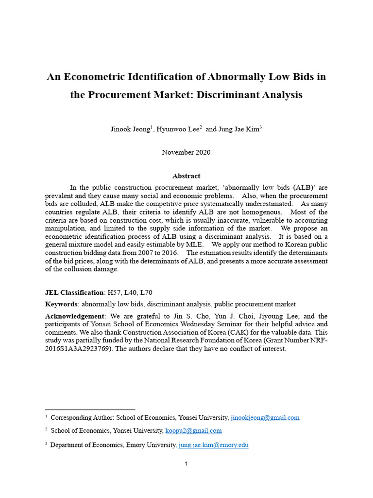Econometric Analysis of Abnormally Low Bids | PDF | Outlier | Risk