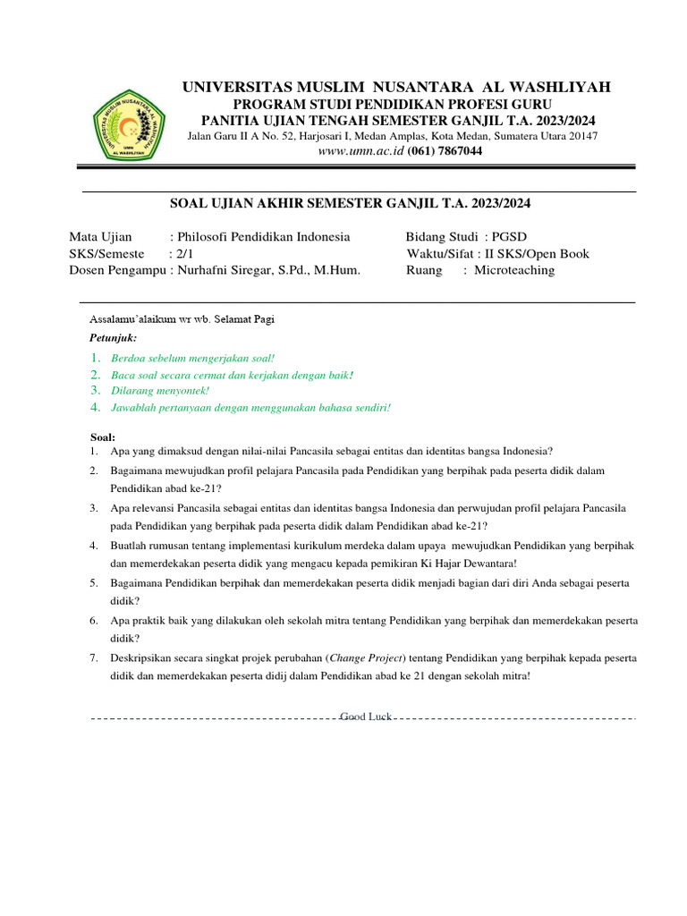 SOAL UAS Filosofi Pendidikan Indonesia Nurhafni Siregar, S.PD., M.Hum.-1 | PDF
