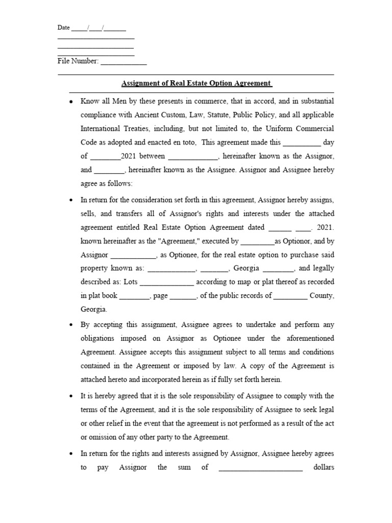 Assignment of Real Estate Option Agreement | PDF | Assignment (Law ...