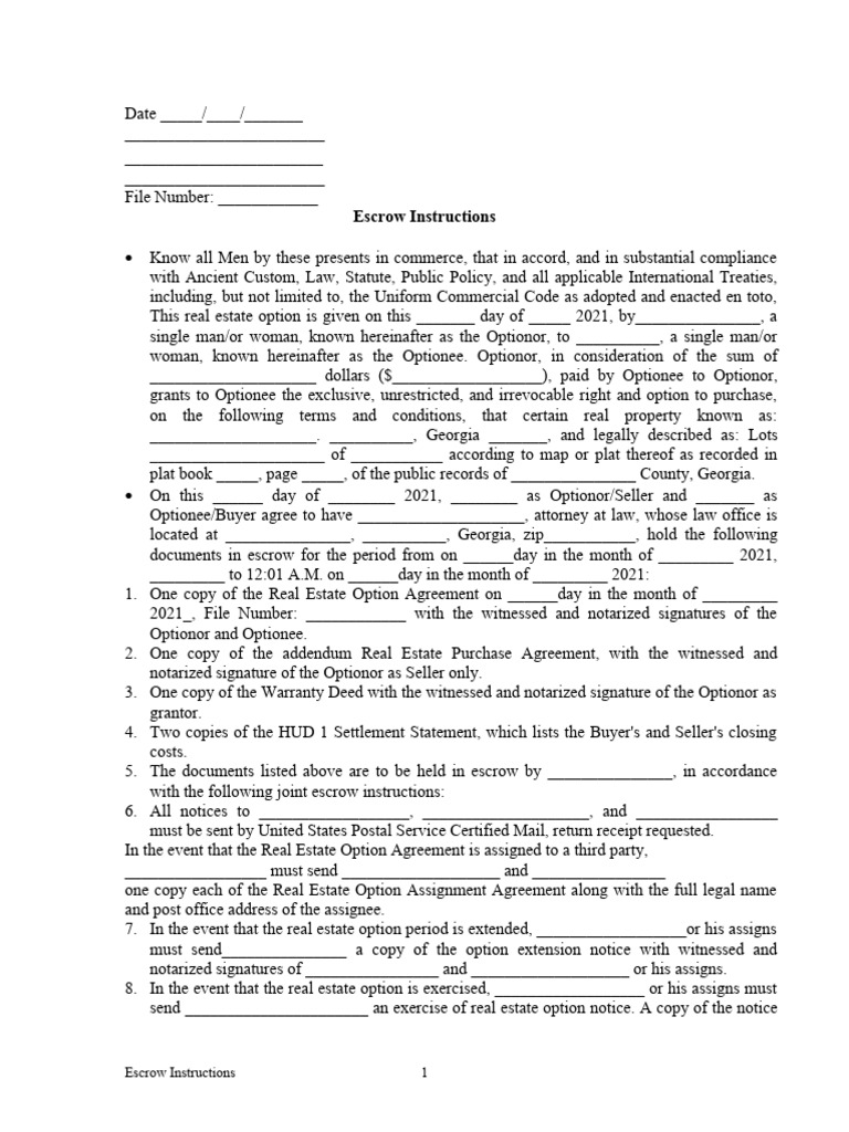 Escrow Instructions | PDF | Deed | Conveyancing