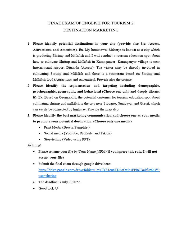 Final Exam of English For Tourism 2 | PDF