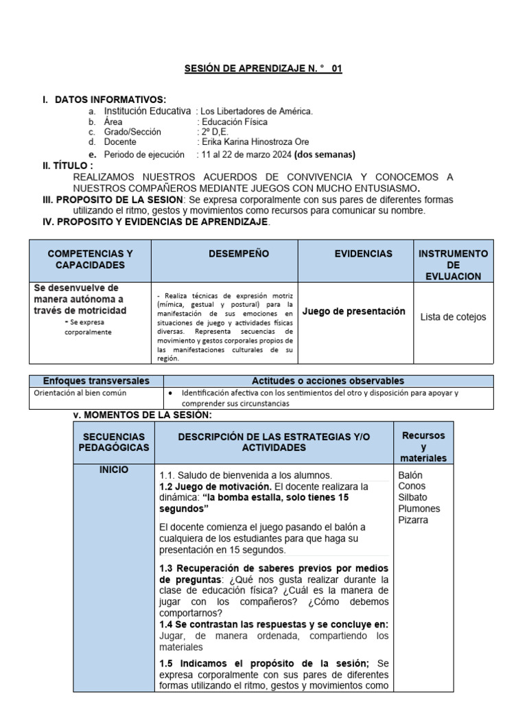 SESIÓN DE APRENDIZAJE N 1 y 2 | PDF | Aprendizaje | Maestros