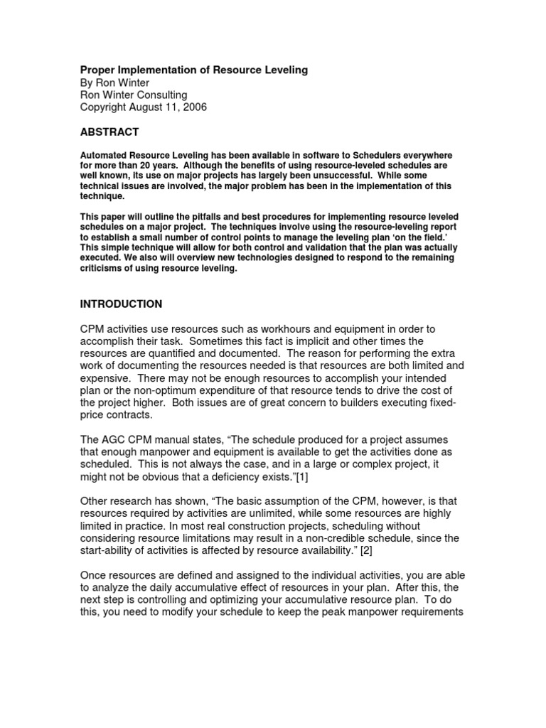 Implementing Resource Leveling Download Free Pdf Engineering Business