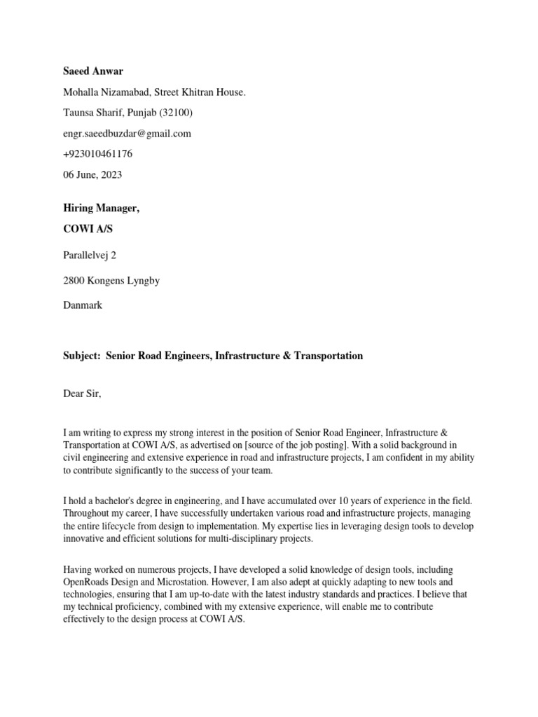 Cover Letter (COWI AS) | PDF | Business | Engineering