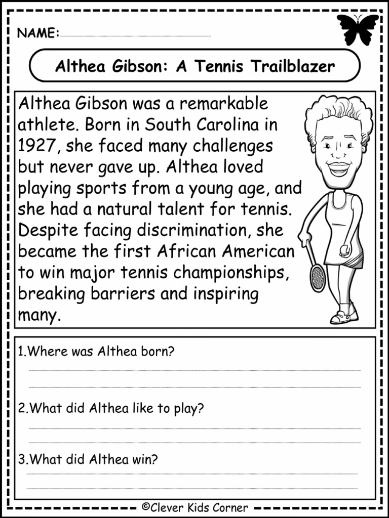 Althea Gibson Reading Comprehension Passages For K-2 | PDF