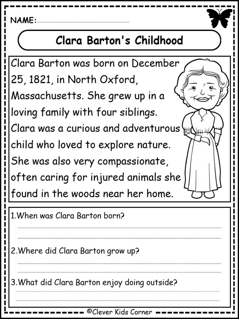 Clara Barton Reading Comprehension Passages For K-2 | PDF | American ...
