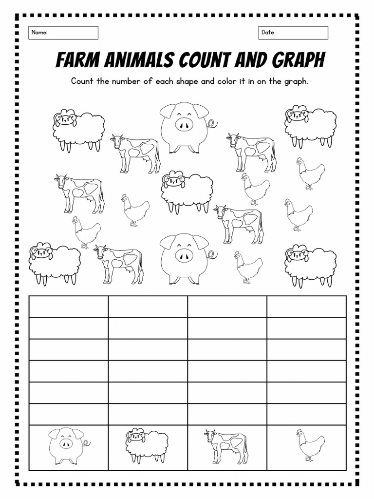 Farm Animals Count and Graph Math Worksheet | PDF