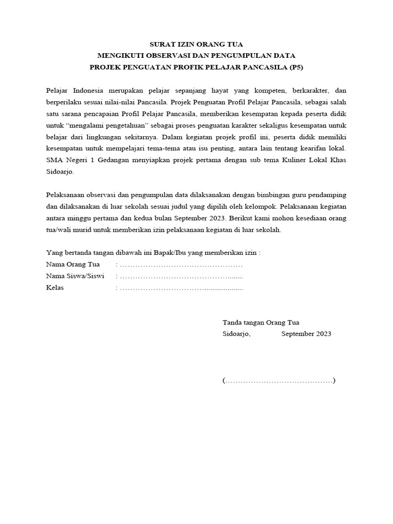 Surat Izin Orang Tua Untuk Kunjungan Observasi | PDF | Karier & Perkembangan | Olahraga & Rekreasi