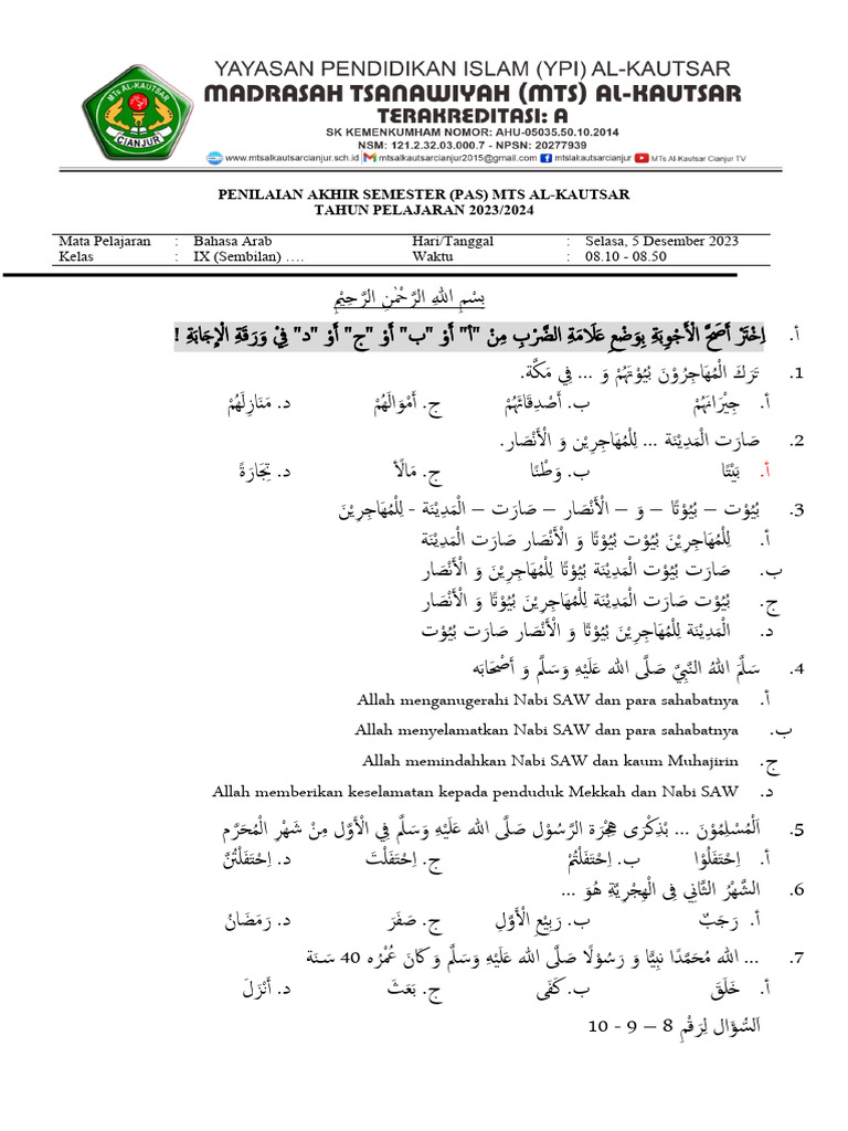 Soal PAS Bahasa Arab Kelas 9 - Ning | PDF
