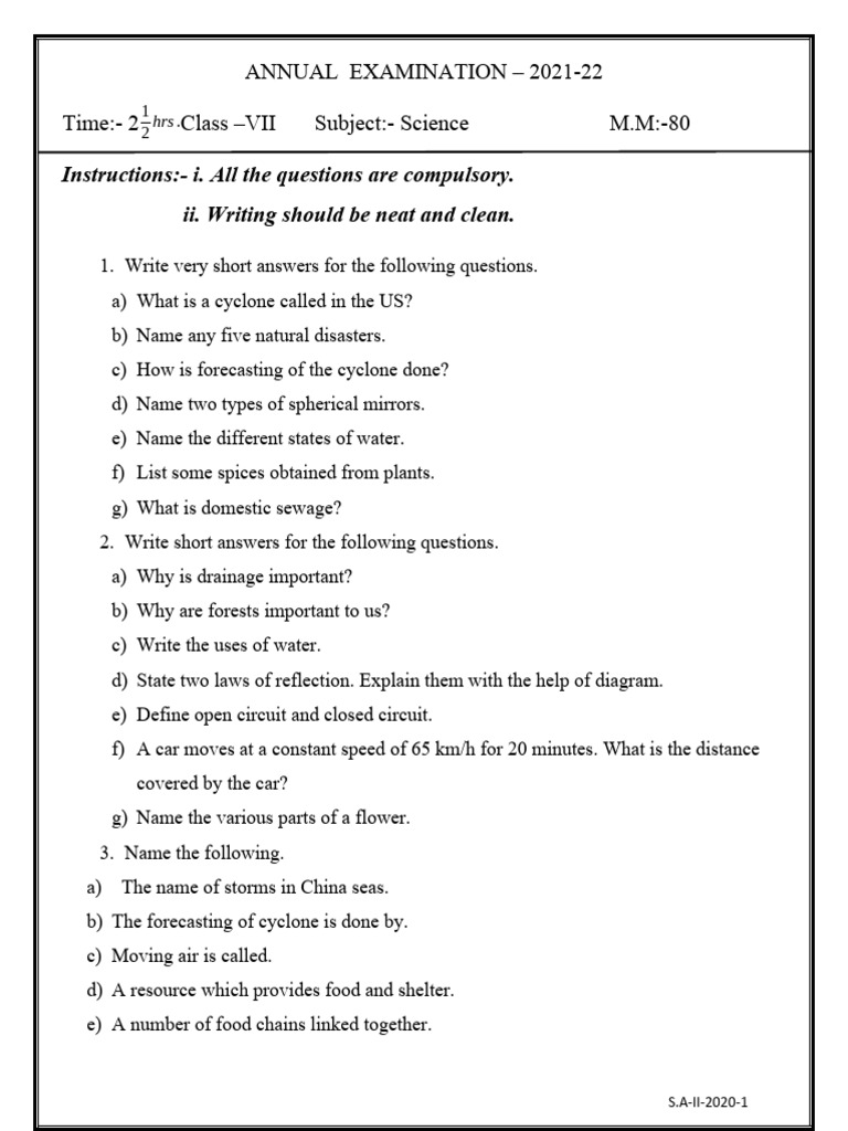 Class VII Science Annual Exam 2021-22 | PDF | Water | Electricity