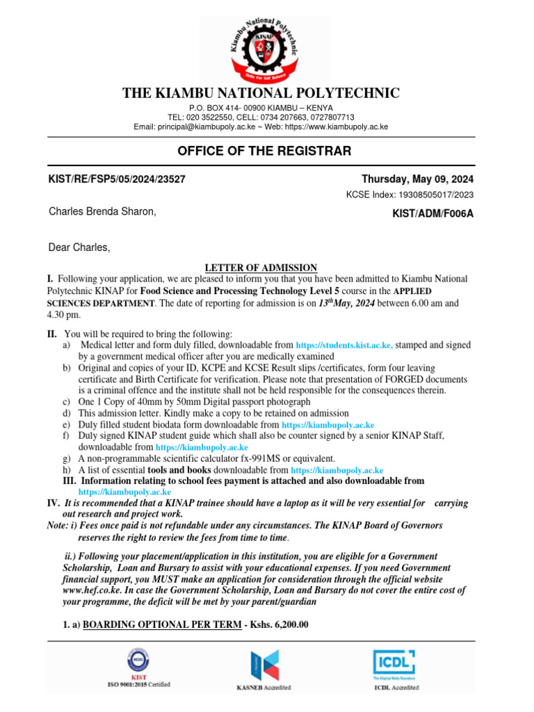 The Kiambu National Polytechnic: Office of The Registrar | PDF | Meal