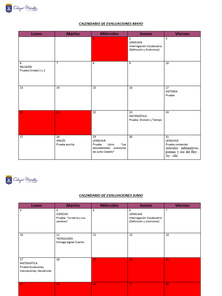 Calendario Evaluaciones B4a Mayo - Junio | PDF