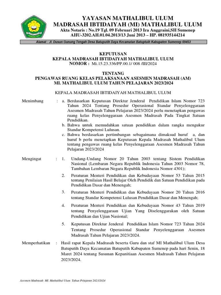 Contoh SK Pengawas Asesmen Madarasah 2024 | PDF