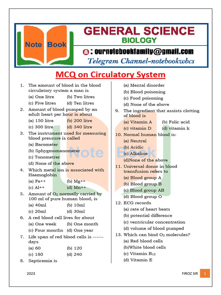 MCQ On Circulatory System | Download Free PDF | Blood | Vein