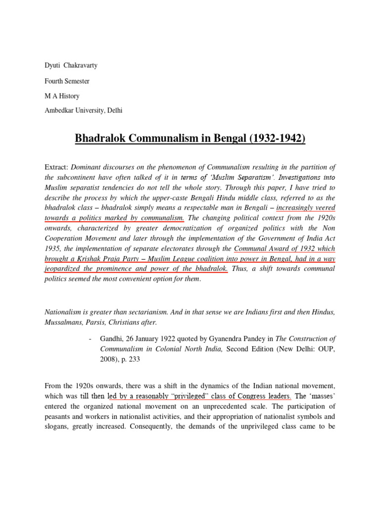 Bhadralok Communalism in Bengal, 1932-42 | PDF | Partition Of India ...