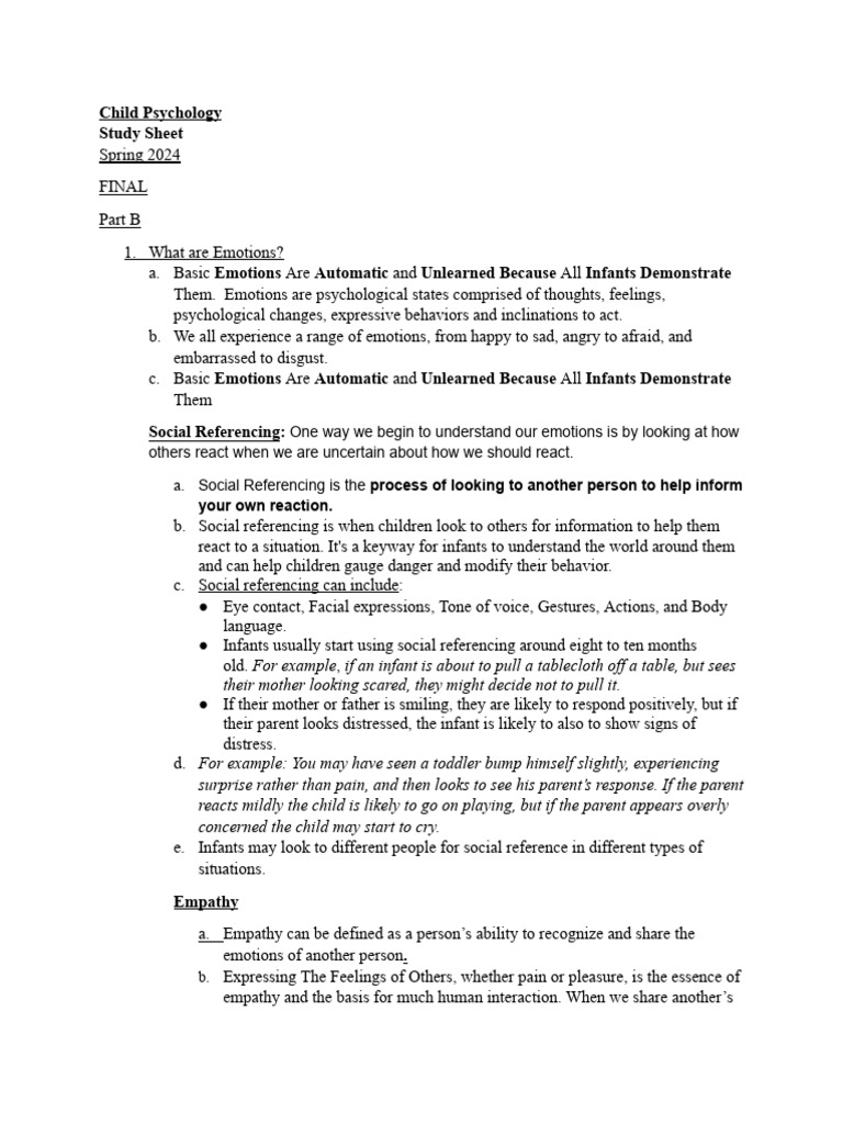 Part B F. Study Sheet Spring 2024 - 1746353166 | PDF | Anxiety | Empathy
