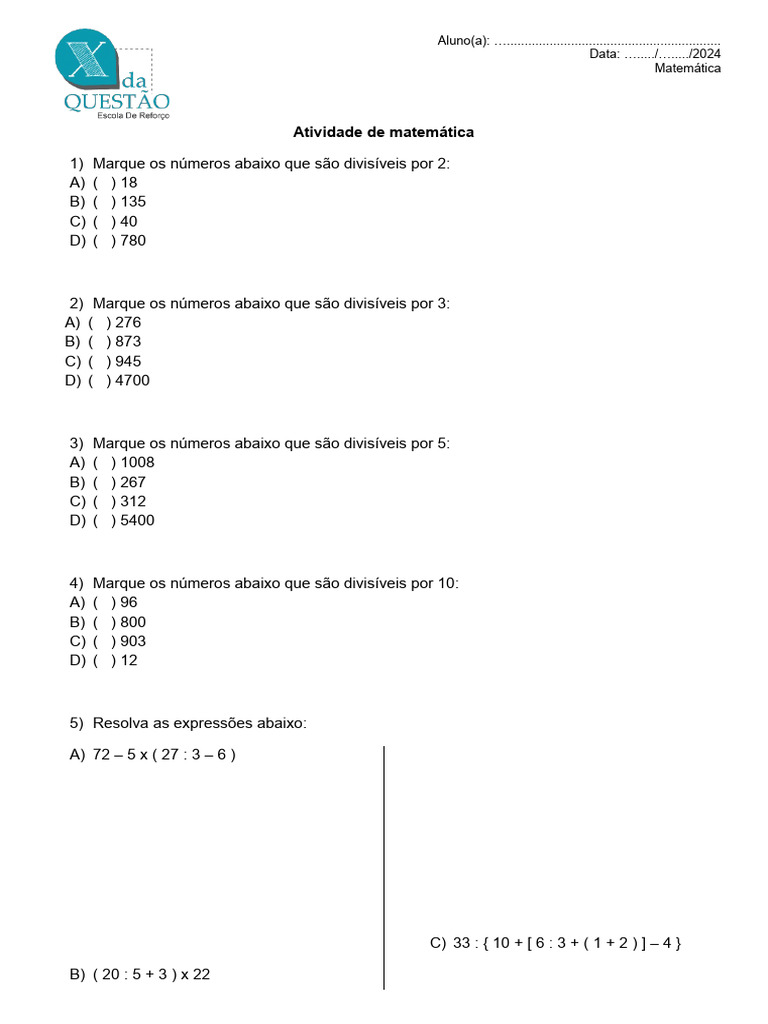 Atividade de Matematica Divisao e Expressoes Numericas 6º Ano | PDF | Métodos e Materiais de Ensino