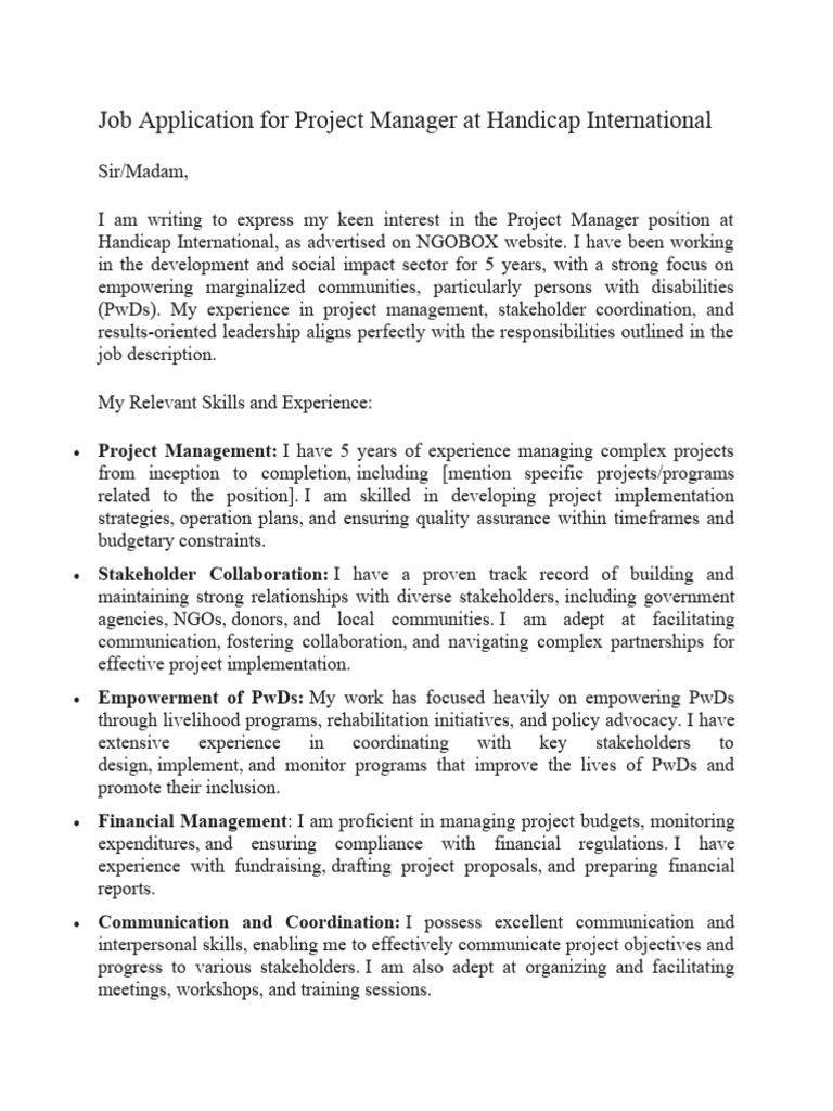 Job Application for Project Manager at Handicap International | PDF ...