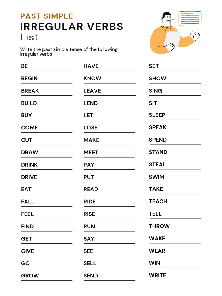 Past Simple Irregular Verbs List Worksheet in Yellow White Simple Style ...