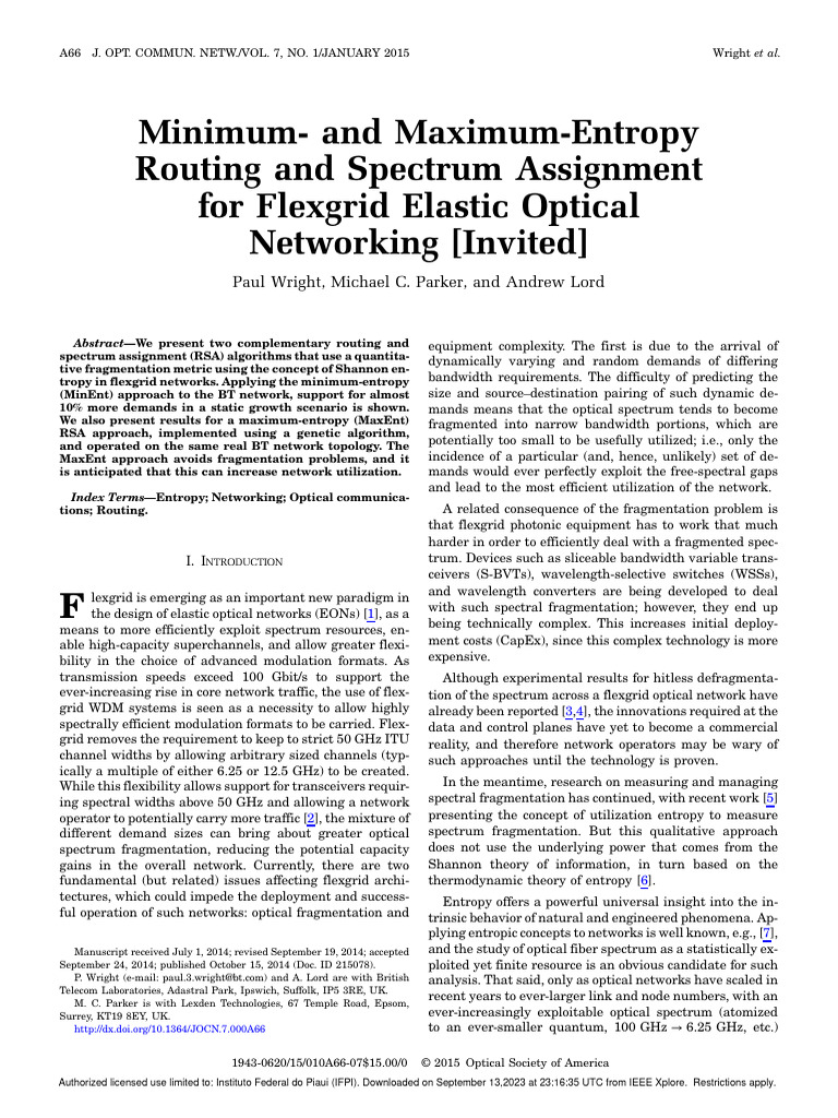 Minimum - and Maximum-Entropy Routing and Spectrum Assignment For Flexgrid Elastic Optical ...