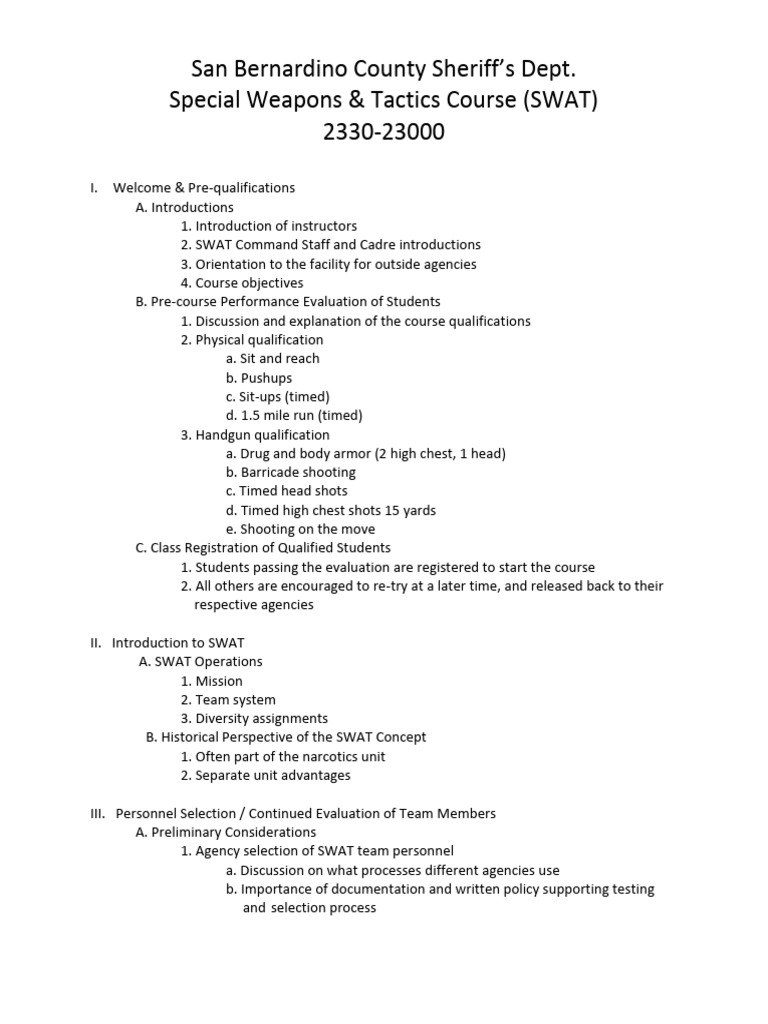 SWAT School Outline 2330-23000 | PDF | Shooting | Swat