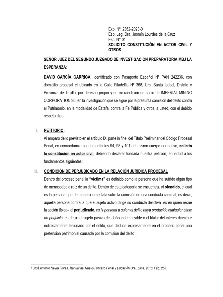 Exp. 02362-2023-66-1618-JR-PE-02 - Consti - Actor Civil | PDF | Daños y perjuicios | Ley Pública
