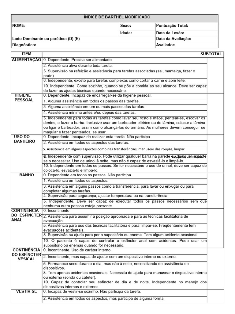Índice de Barthel Modificado PDF | PDF | Autoajuda | Bem-estar
