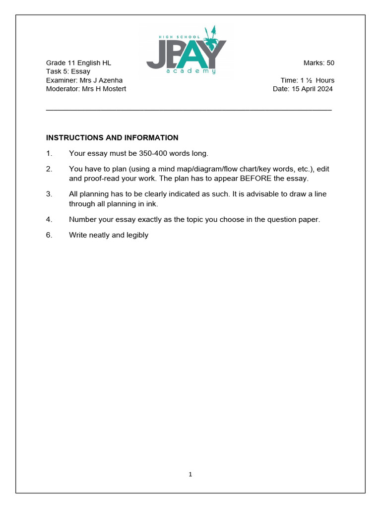 Grade 11 English Essay Guidelines | PDF | Essays | Writing
