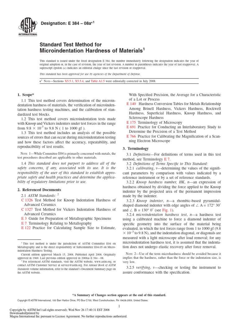 Microindentation Hardness of Materials: Standard Test Method For | PDF ...