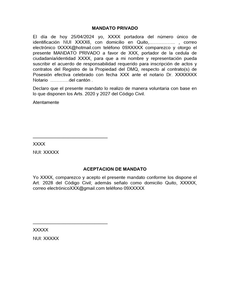 MANDATO PRIVADO MODELO REGISTRO PROPIEDAD | PDF