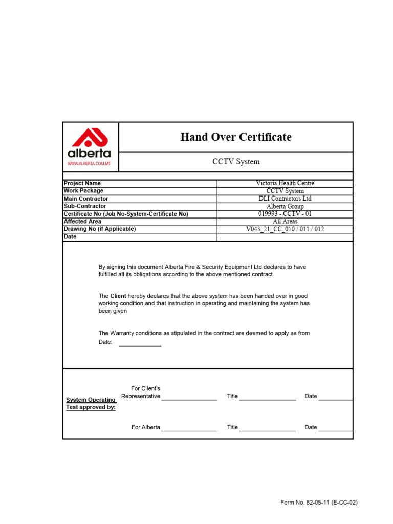 CCTV System Handover Certificate | PDF | Camera | Computer Engineering