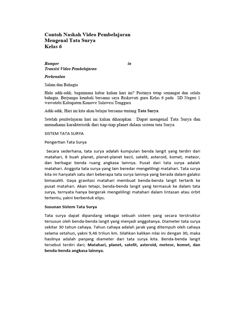 Contoh Naskah Video Pembelajaran Tentang Tata Surya | PDF