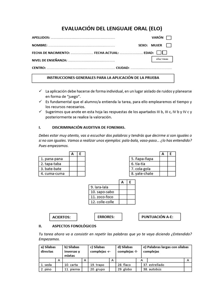 Evaluación Del Lenguaje Oral (Elo) : Instrucciones Generales para La Aplicación de La Prueba ...