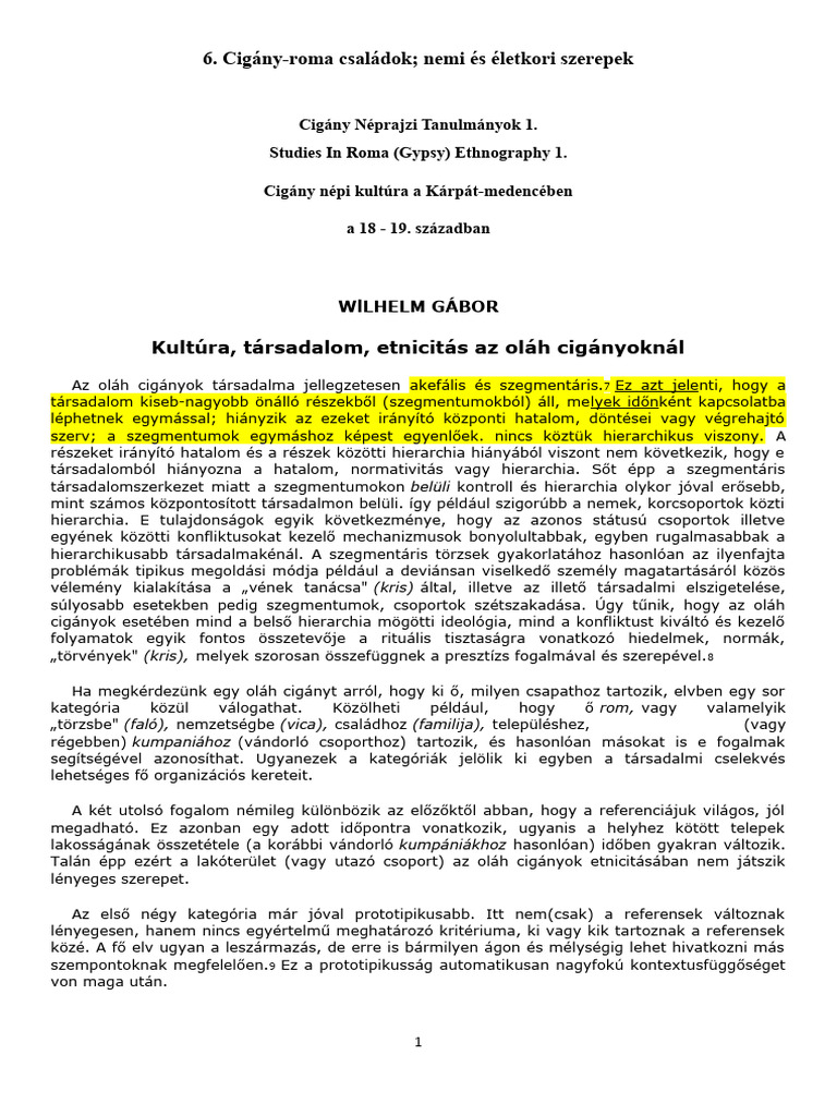 Cigány Roma Családok Nemi És Életkori Szerepek | PDF