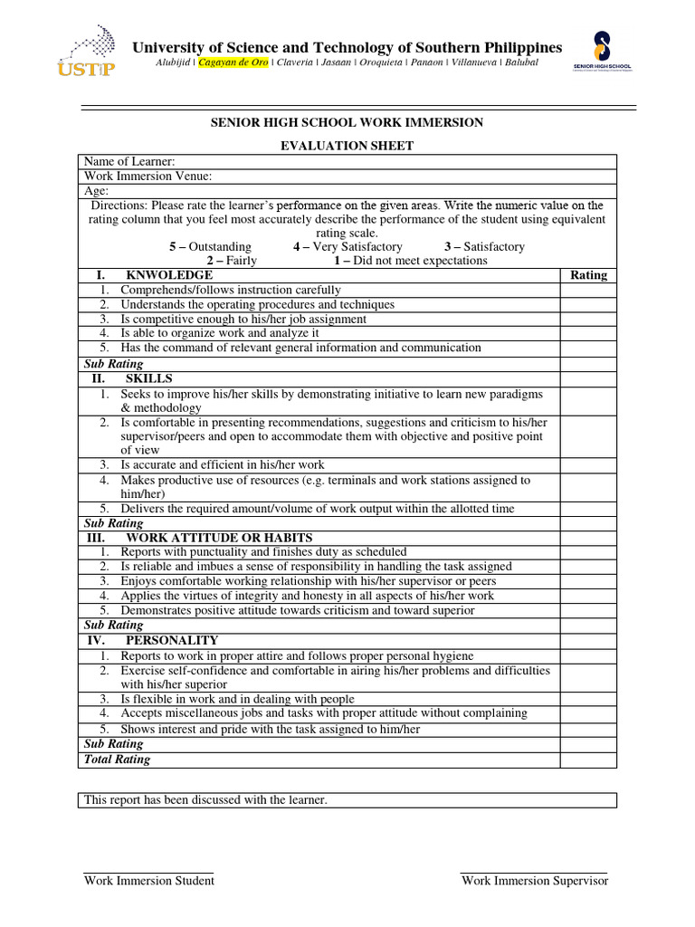 Work Immerison Eval Form 1 | PDF | Learning | Psychology