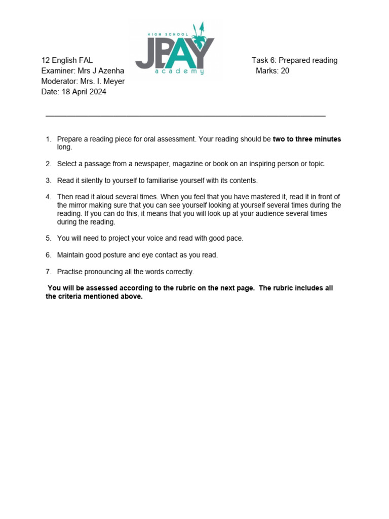 2024 12eng Fal T2 Task 6 Prepared Reading | PDF | Fluency | Body Language