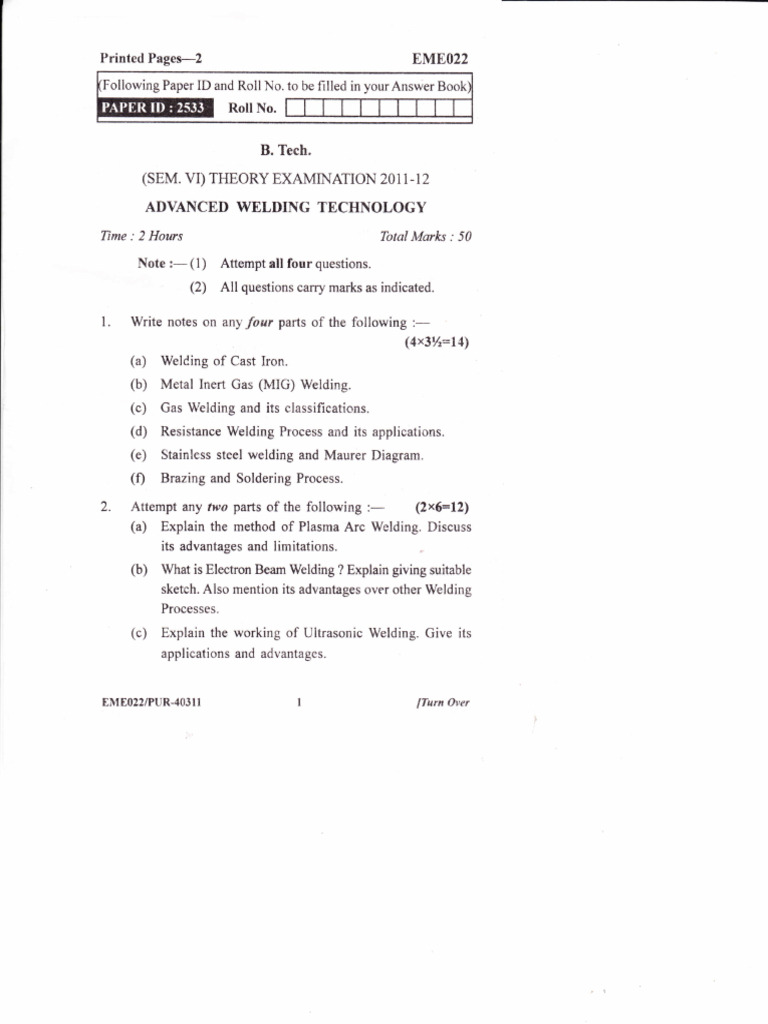 Advanced Welding Technology Exam Guide | PDF