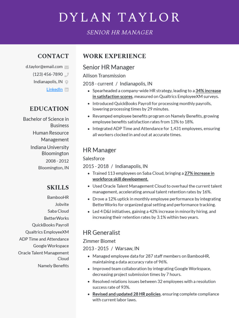 Senior HR Manager Resume Example | PDF | Talent Management | Employee Retention
