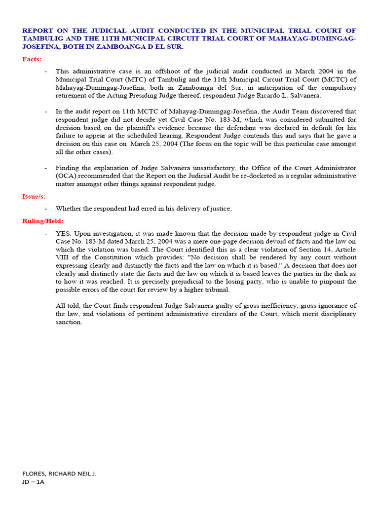 Report On The Judicial Audit (MTC of Tambulig) - 472 SCRA 419 | PDF ...