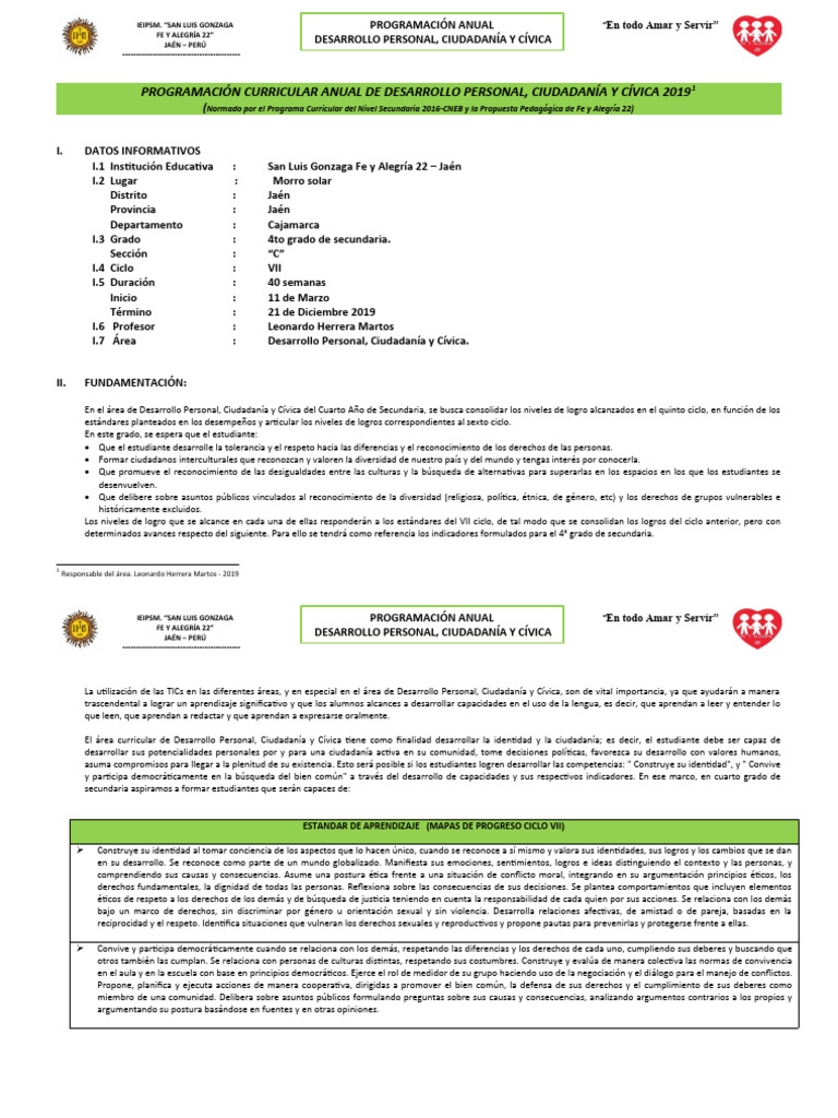 PROGRAMACION ANUAL Y UNIDADES de DPCC - 4° Secundaria | PDF | Perú | Las emociones