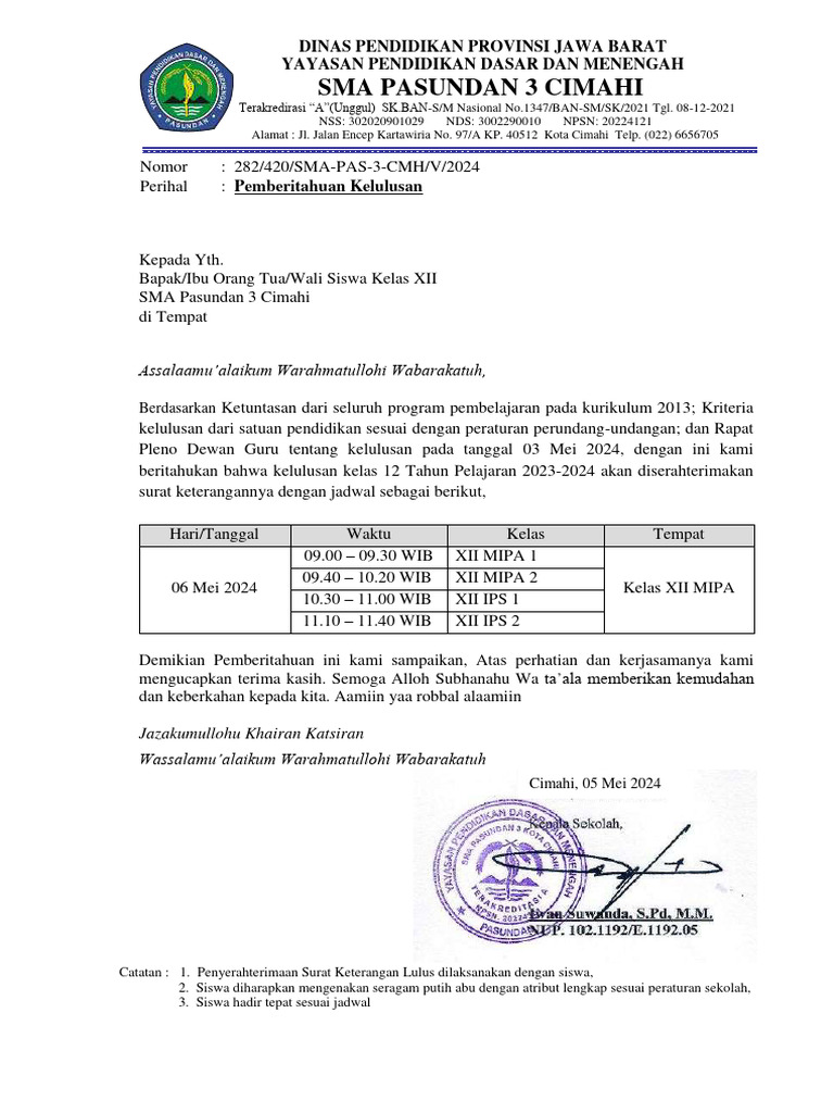 Surat Pemberitahuan Kelulusan Kelas 12 TP. 2023-2024 | PDF