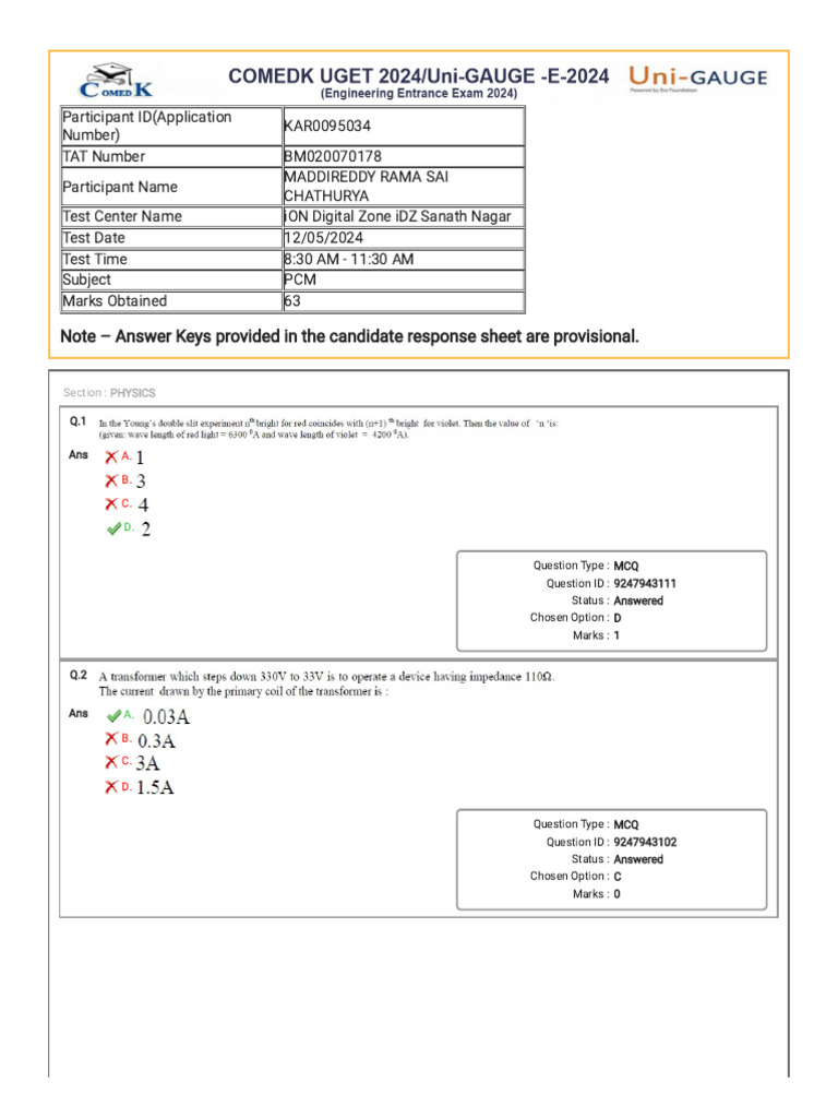 Comedk Answer Key | PDF | Multiple Choice | Observation