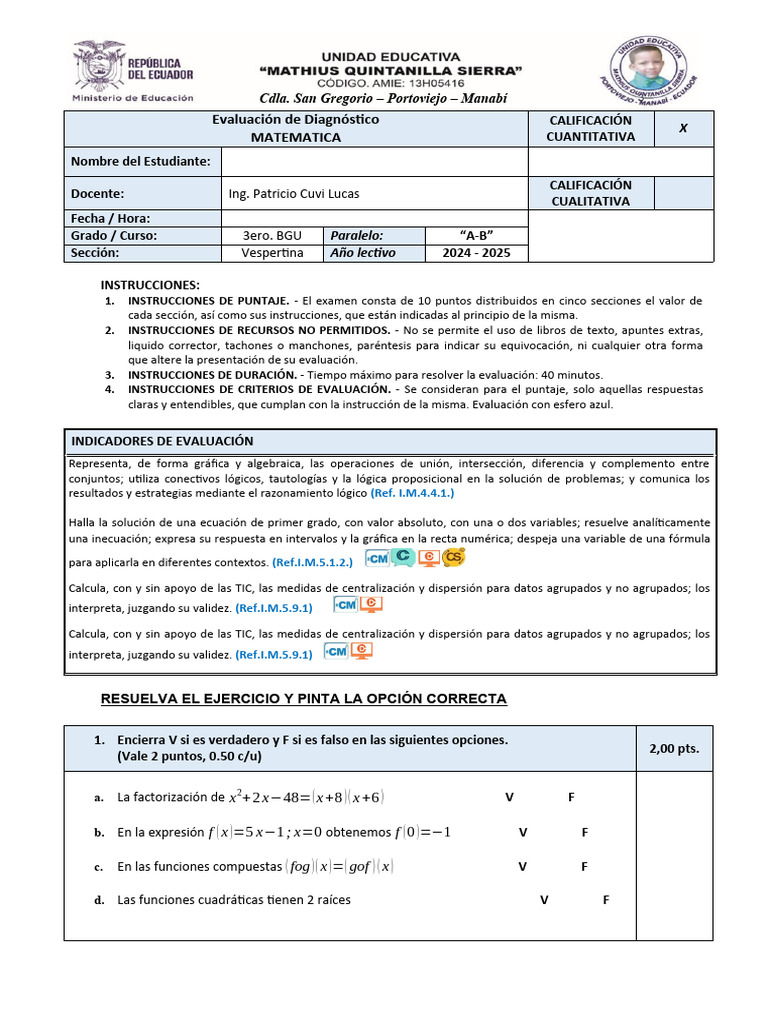 DIAGNOSTICO - MATEMATICA - 3ero - AB - BGU 2024 - PATRICIO | PDF | Evaluación | Ecuaciones