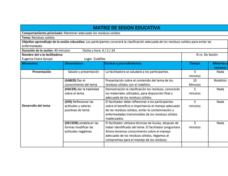 Matriz de Sesion Educativa | PDF | Residuos | Aprendizaje