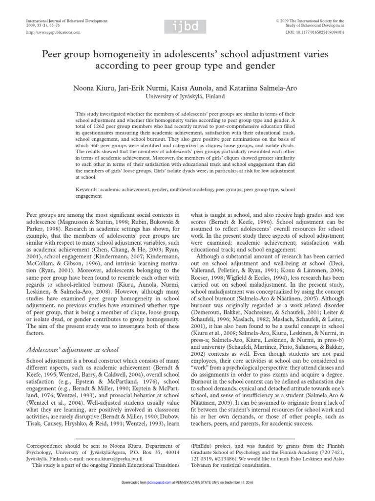 Peer group homogeneity in adolescents’ school adjustment varies according to peer group type and ...