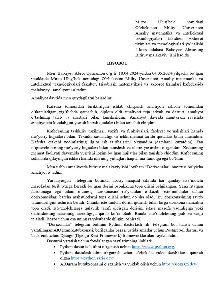 Abror Balxiyev Hisobot | PDF