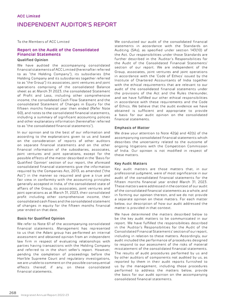 ACC Limited 2022-23 Audit Report Summary | PDF | Audit | Auditor's Report