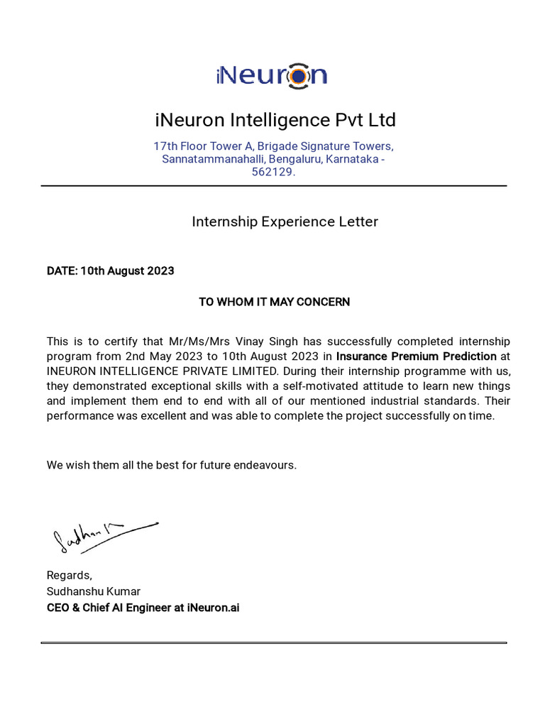 Internship Experience Letter for Vinay Singh | PDF